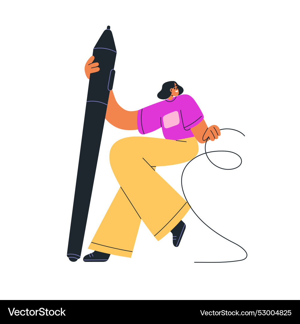 Designer holding huge digital stylus electronic Vector Image