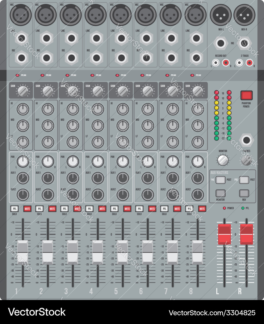 Eight channels professional studio sound mixer Vector Image