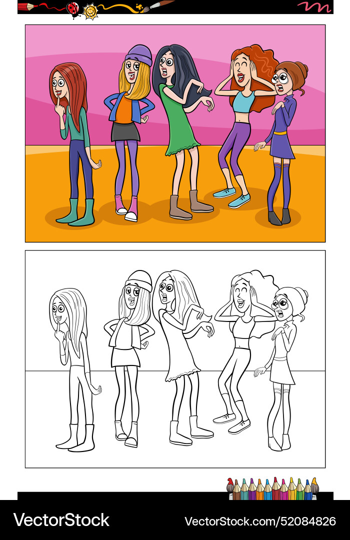 Cartoon women characters group coloring page Vector Image