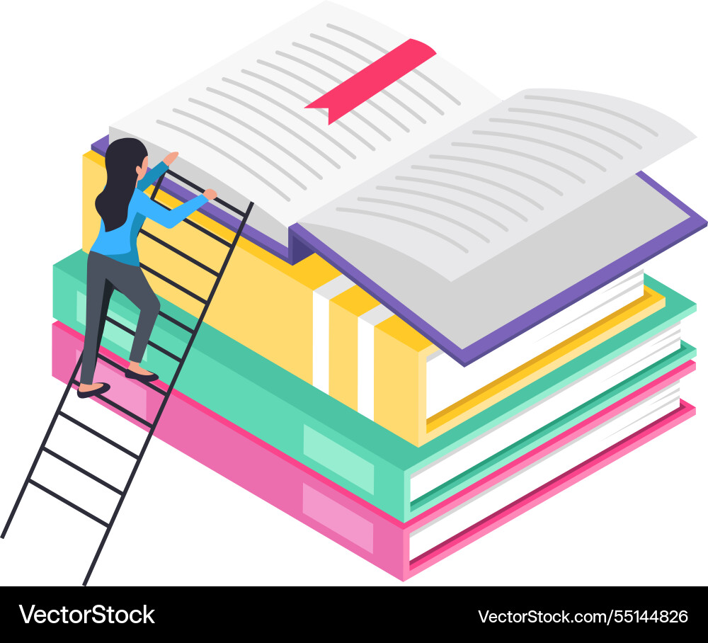Student climbing a ladder to reach large open Vector Image