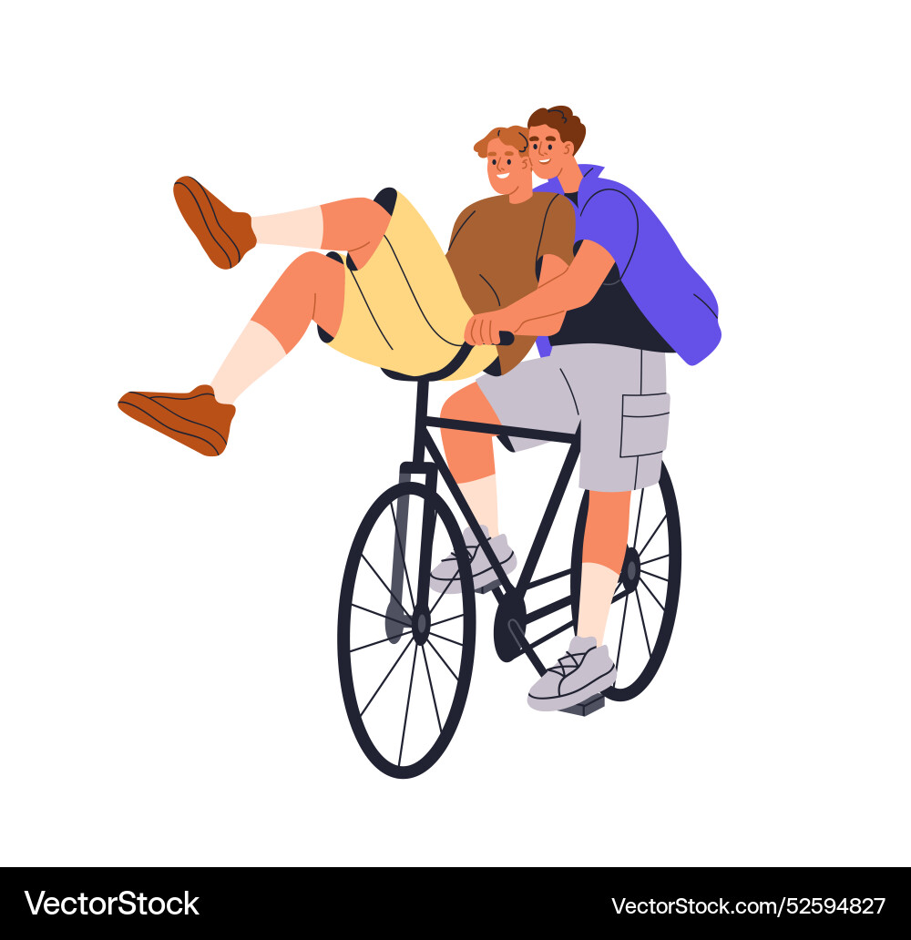 Two friends cycling together on bicycle happy Vector Image