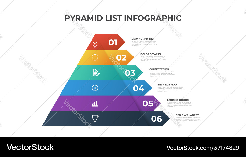 Pyramid infographic template with 6 list layers Vector Image