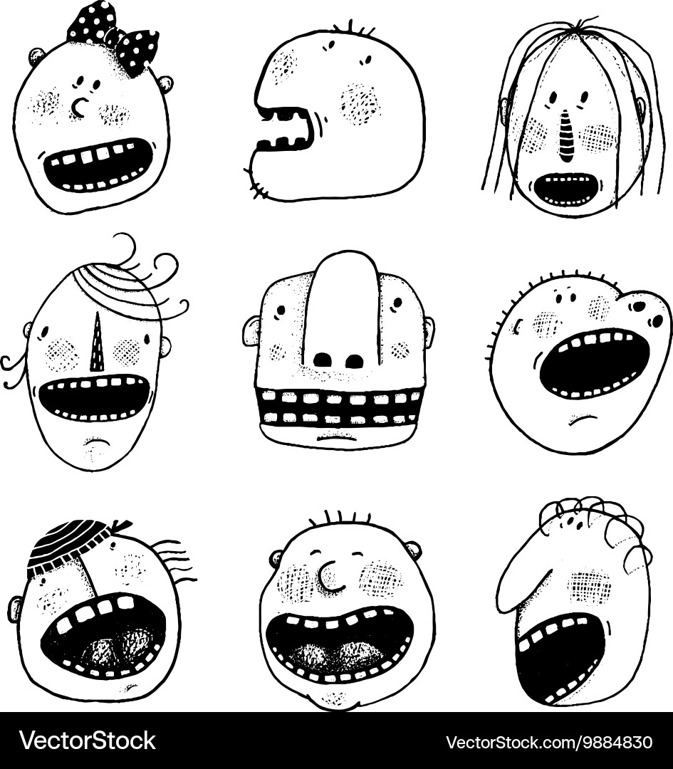 Doodle outline cartoon people faces heads set Vector Image
