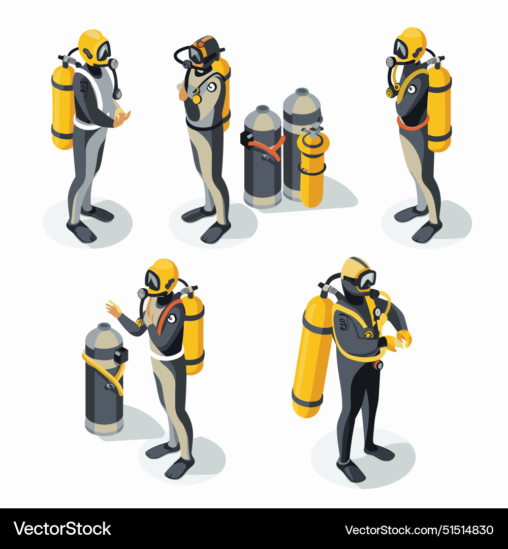 Isometric scuba divers various poses wearing Vector Image