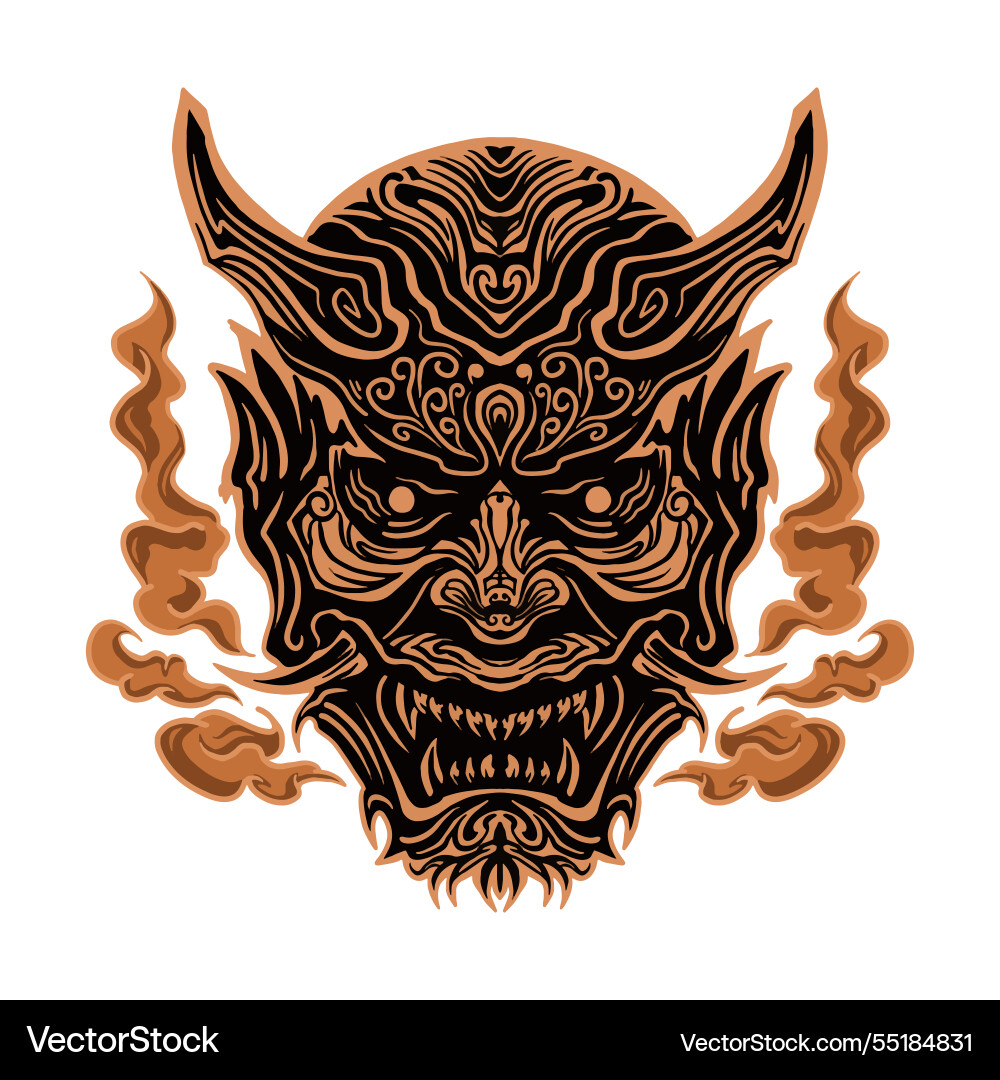 Fiery orange oni mask artwork Royalty Free Vector Image