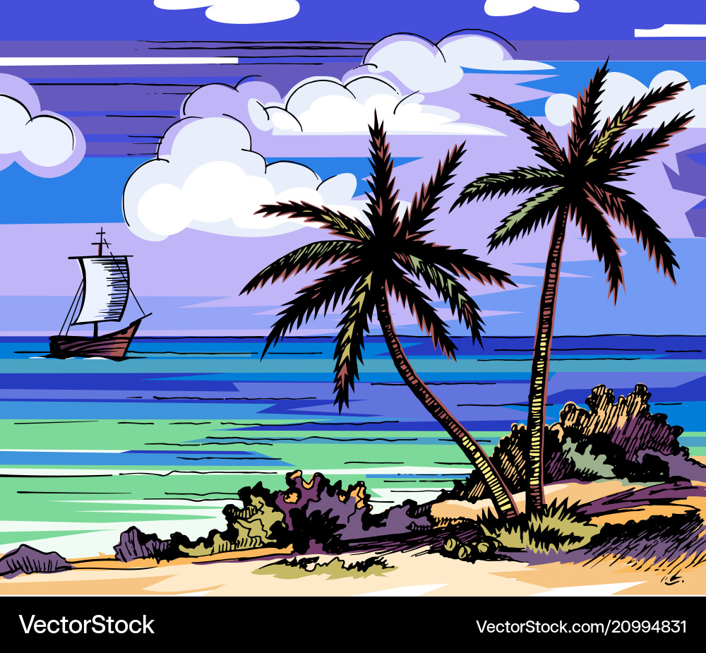 Palm trees and sea Royalty Free Vector Image - VectorStock