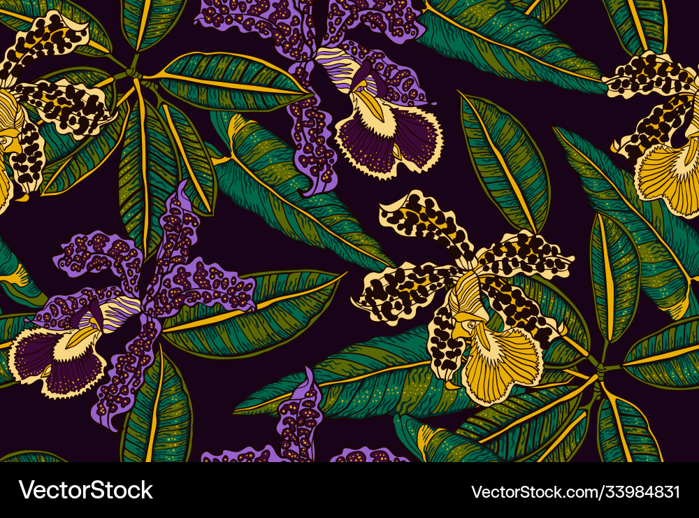 Wild exotic orchids seamless pattern Royalty Free Vector