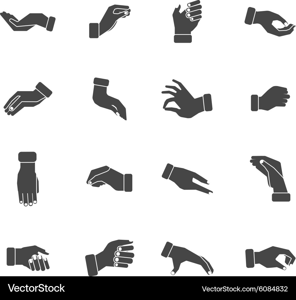 Hand palms grabbing black icons set Royalty Free Vector