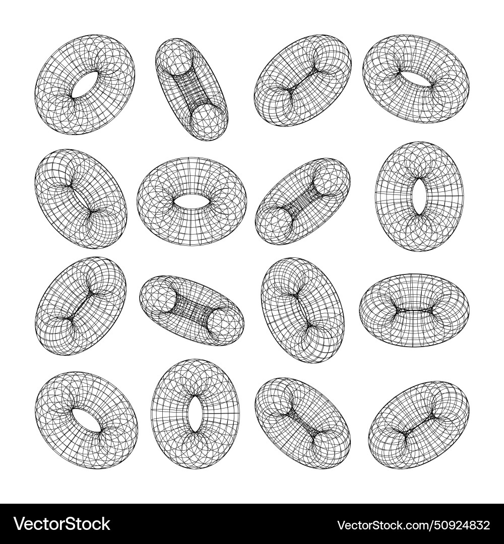Wireframe Shapes Lined Torus Perspective Mesh Vector Image
