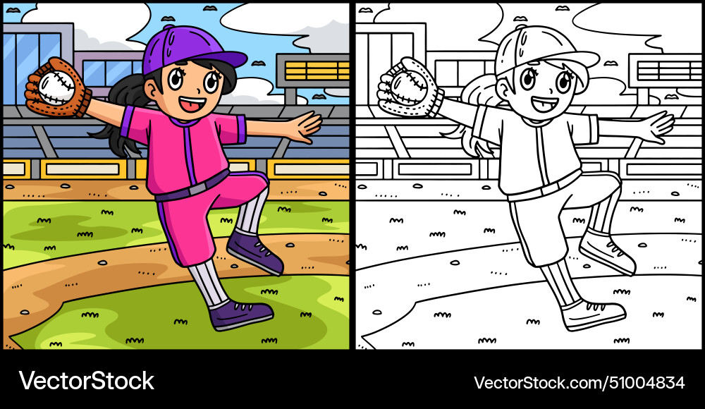 Girl catching baseball coloring page Royalty Free Vector