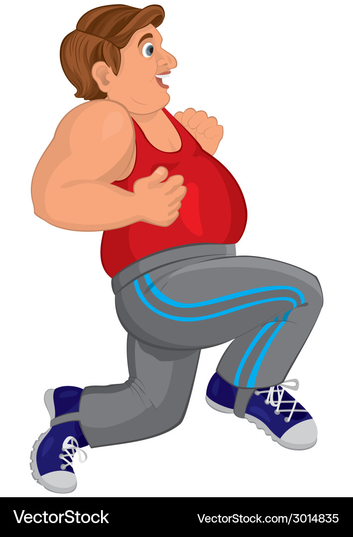 Cartoon fat man in gray running pants runs Vector Image