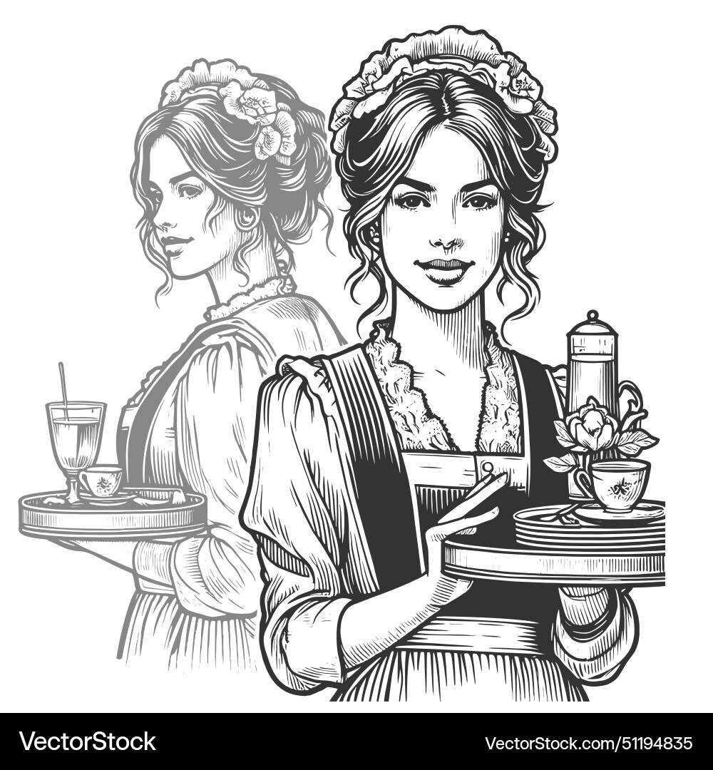 Vintage waiter woman server engraving Royalty Free Vector