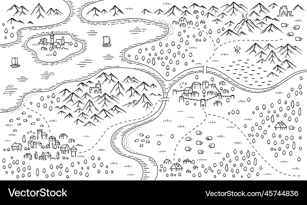Medieval fantasy map mountain river and village Vector Image