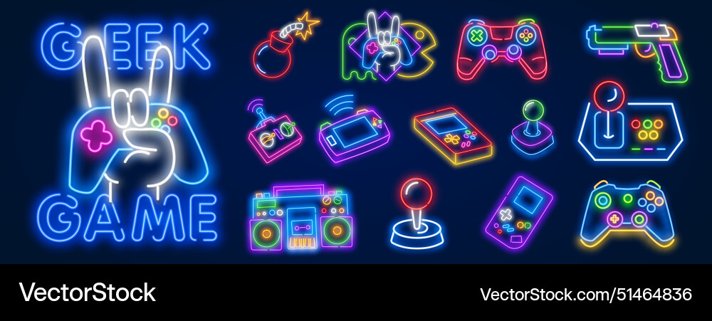 Neon geek games with gamepad joystick icon game Vector Image