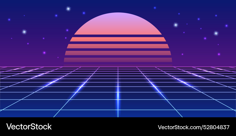 S retrowave sunset and night sky neon grid lines Vector Image