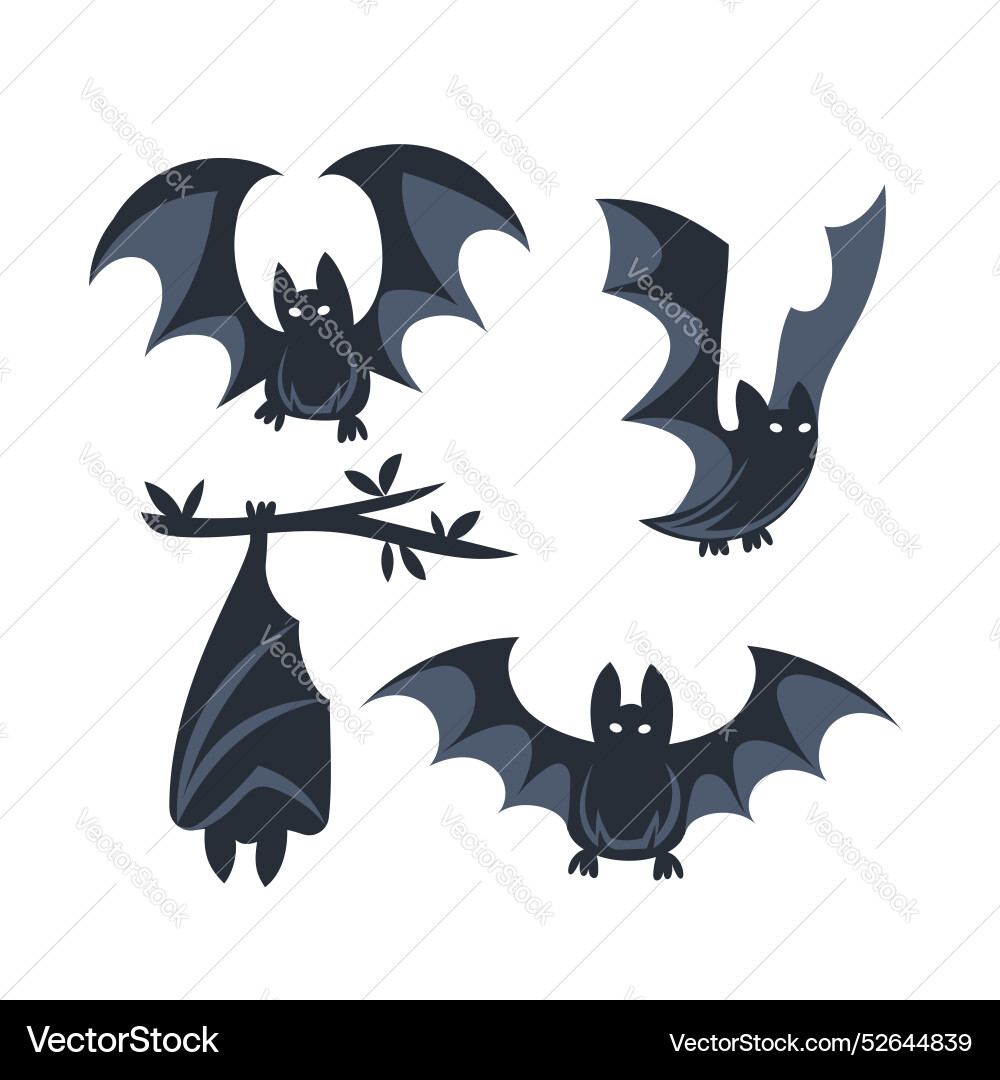 Four different cartoon bats with big eyes flapping