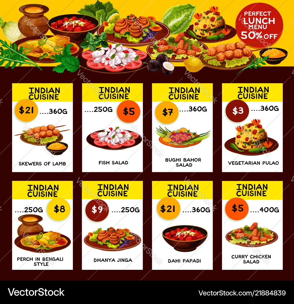 Indian restaurant menu offer cards Royalty Free Vector Image