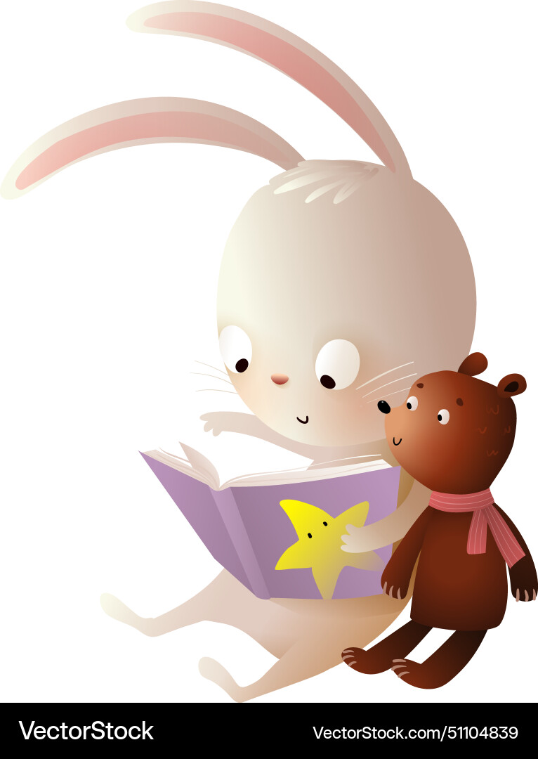 Rabbit and teddy bear reading a book cartoon Vector Image