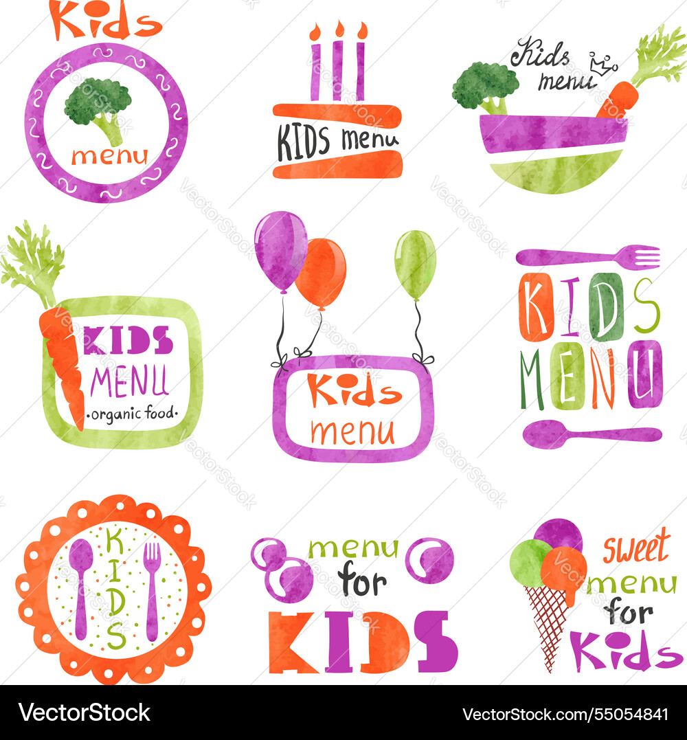 Watercolor kids menu logo design set collection Vector Image