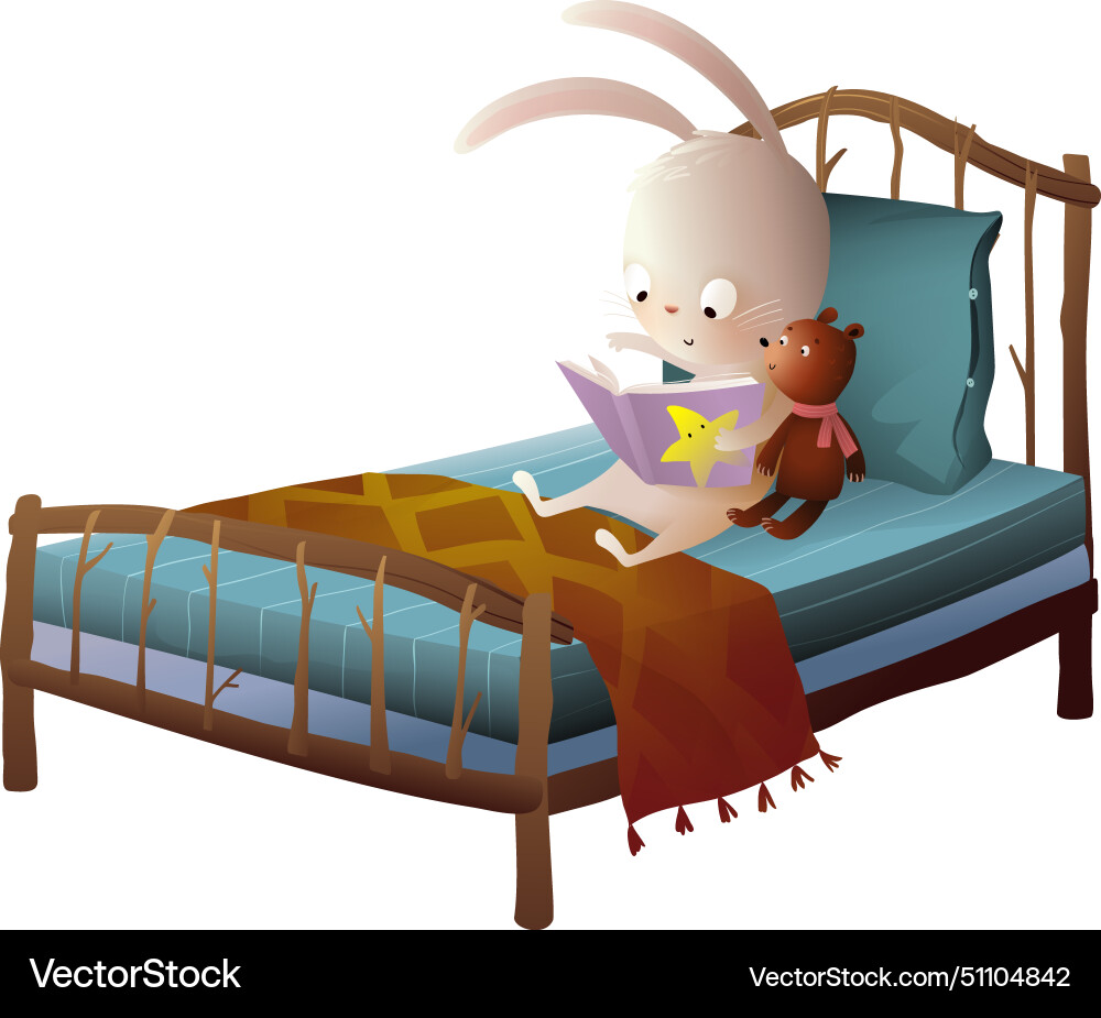 Rabbit or bunny and toy bear reading book in bed Vector Image