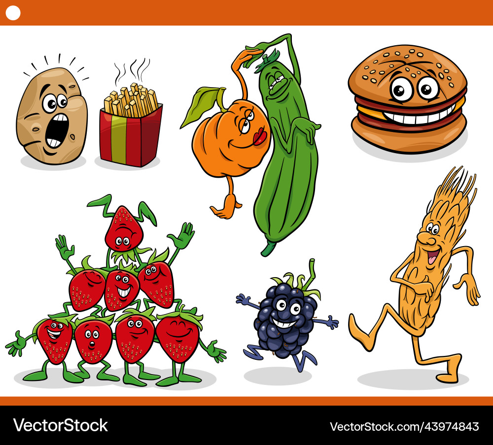 Cartoon food objects characters set Royalty Free Vector