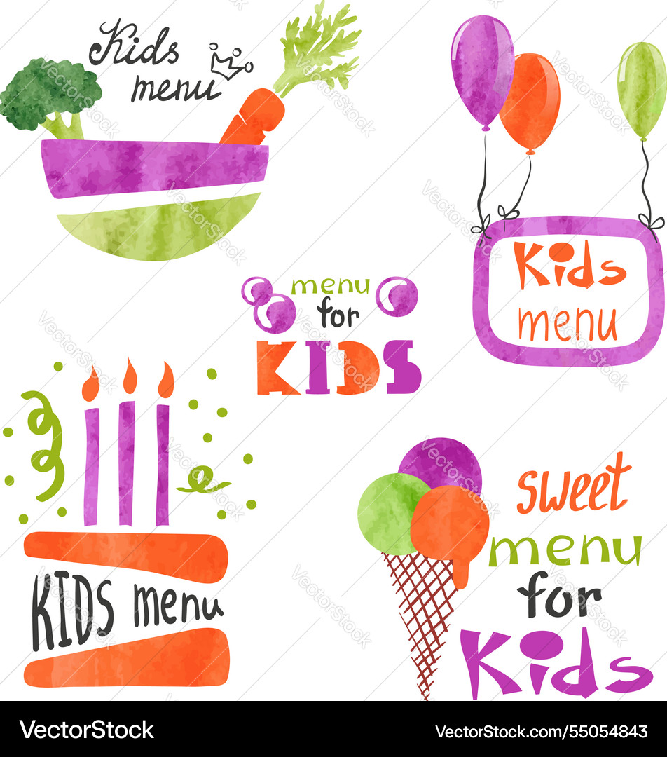Watercolor kids menu logo design set collection Vector Image