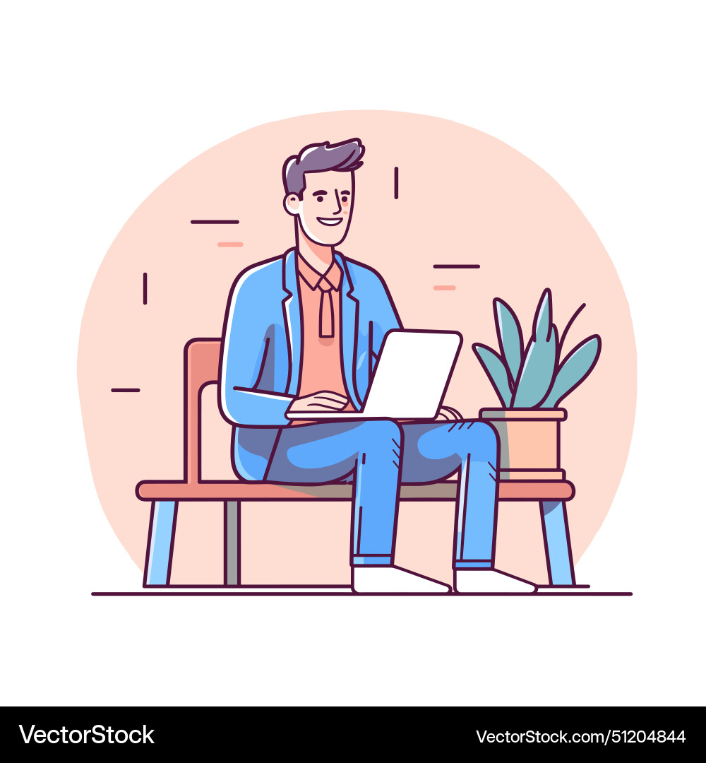 Animated male character sitting bench using laptop