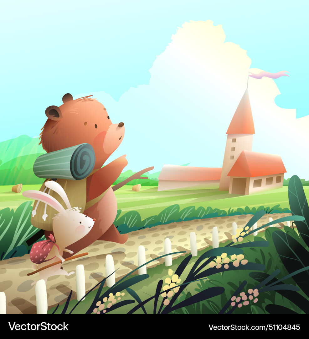 Bear and bunny adventures go hiking exploring Vector Image