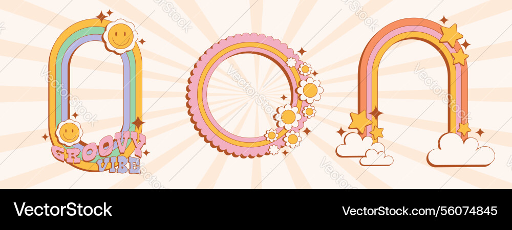 Retro Groovy Borders - Stars, Flowers, Rainbow Vector Image