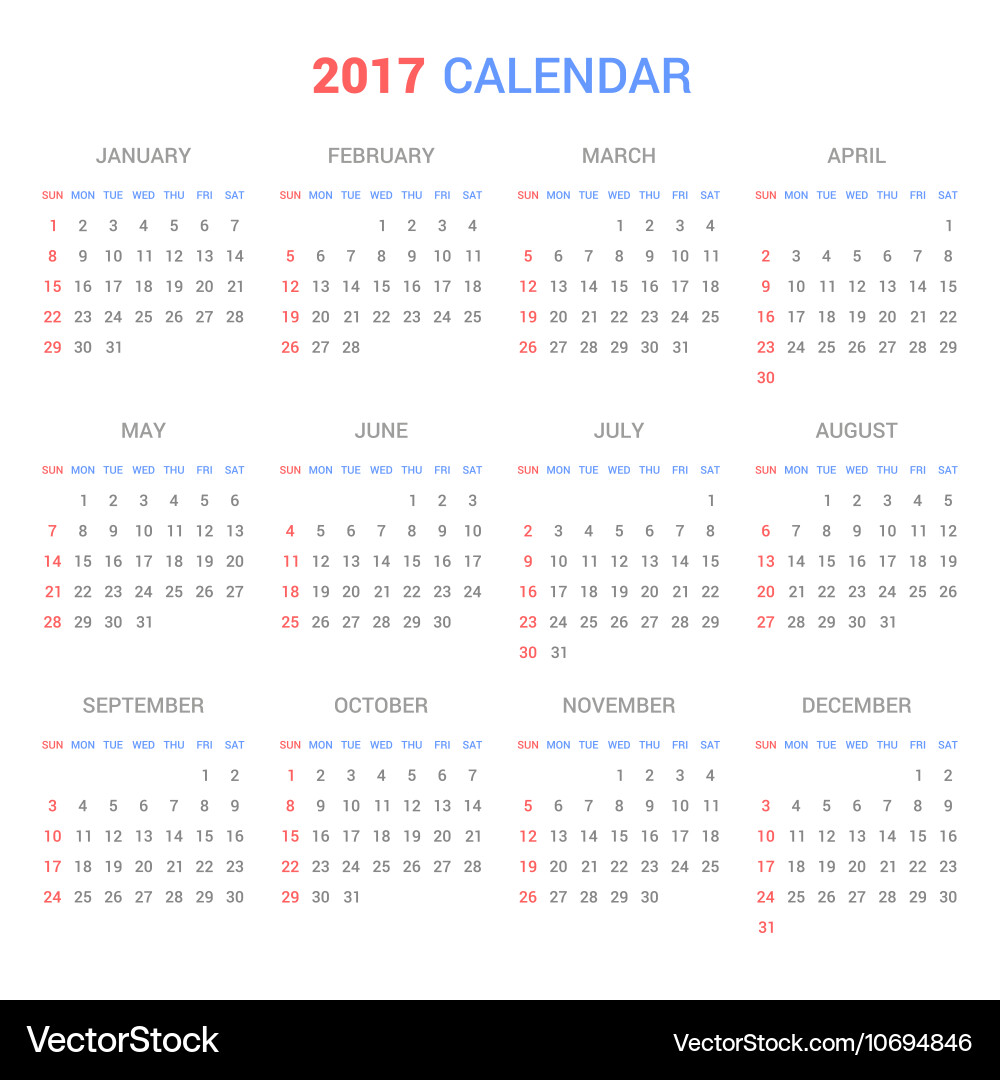 Calendar template for 2017 on white background Vector Image
