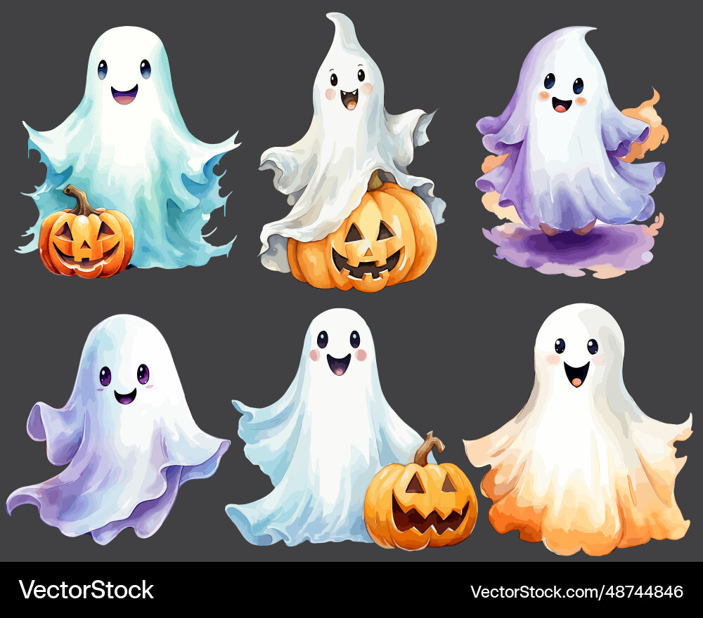 Halloween ghost watercolor clip art set Royalty Free Vector