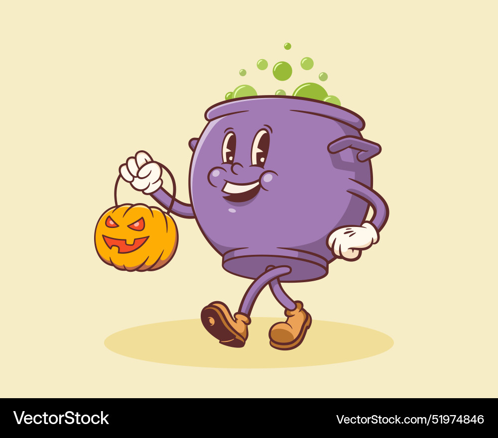 Halloween groovy cauldron pumpkin retro character Vector Image