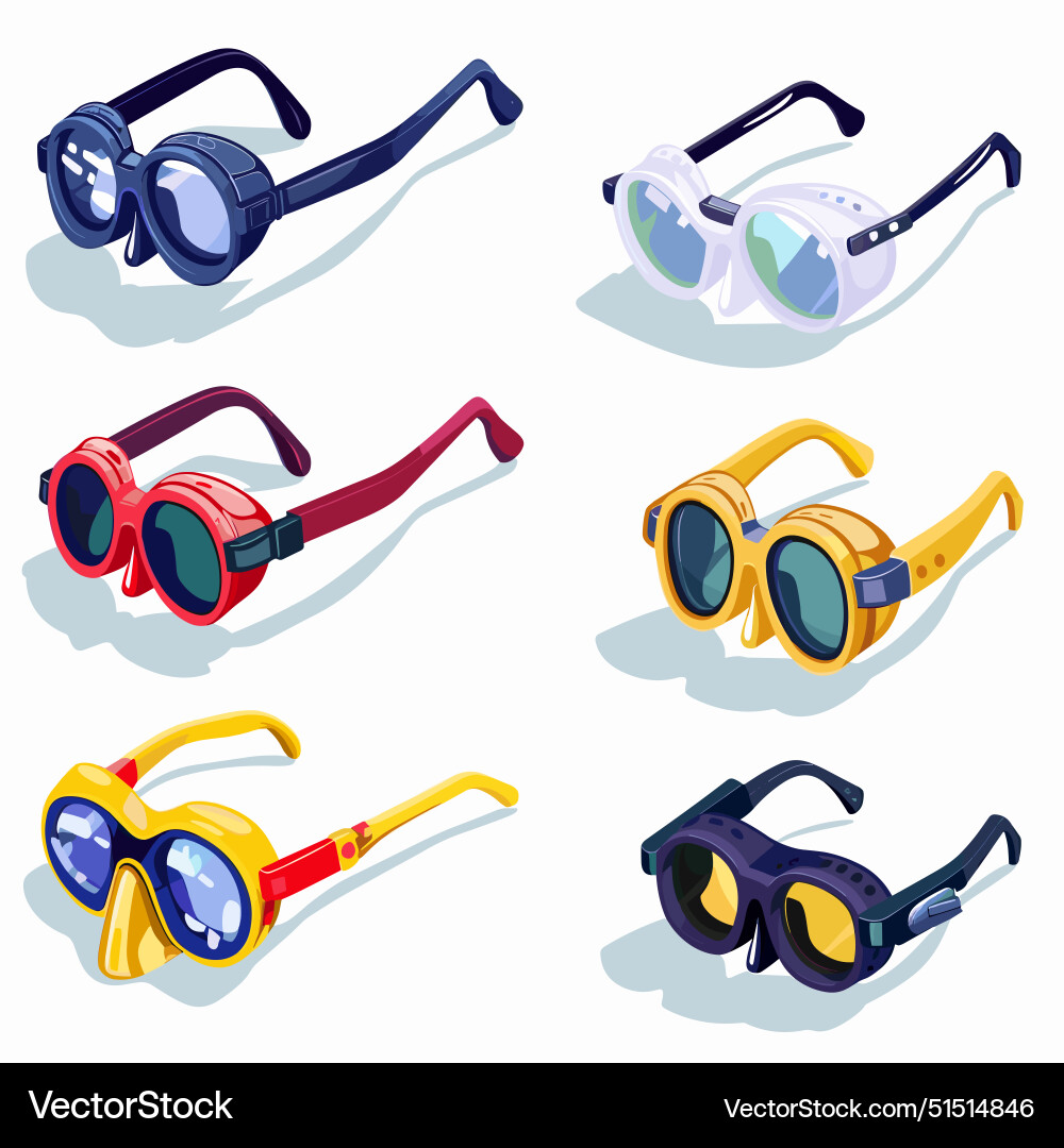 Six pairs colorful protective goggles displayed Vector Image