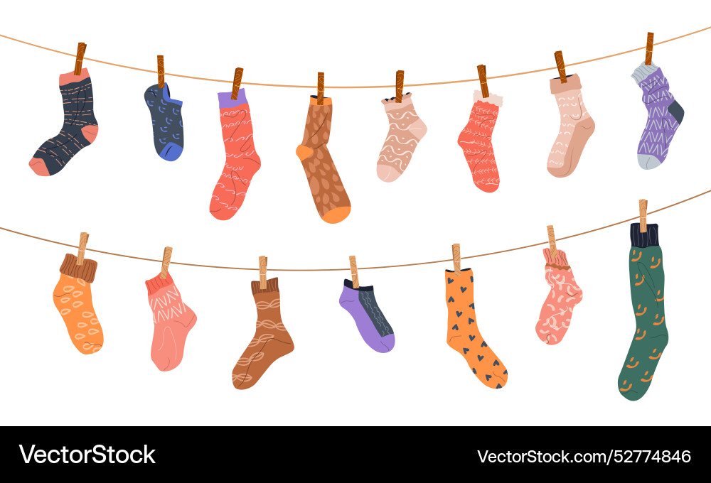 Various socks on clothesline with clothespins Vector Image