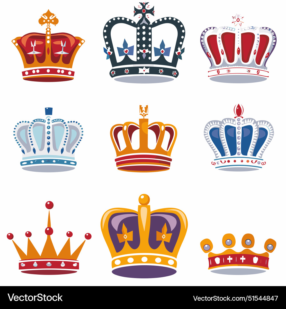 Collection nine colorful royal crowns representing