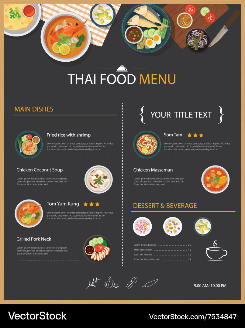 Thai food restaurant menu template flat des Vector Image