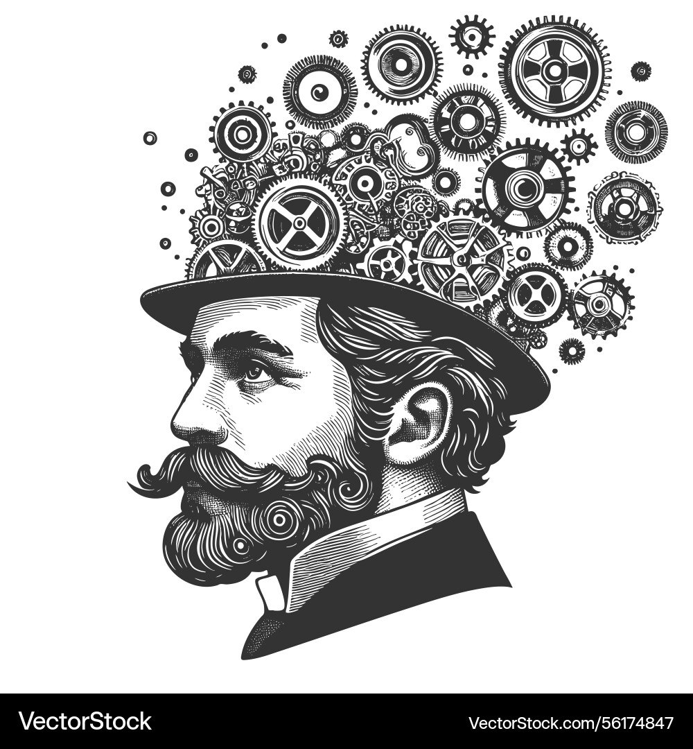 Victorian steampunk man mechanical mind Royalty Free Vector
