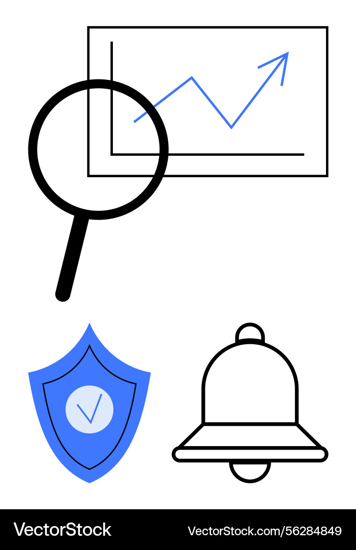 Magnifying glass chart shield and bell Royalty Free Vector