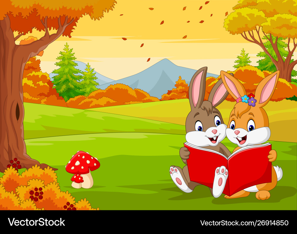Cartoon couples rabbits reading a book Royalty Free Vector