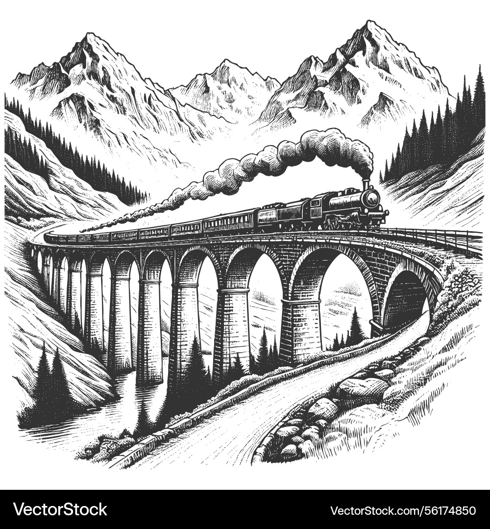 Mountain railway viaduct engraving Royalty Free Vector Image
