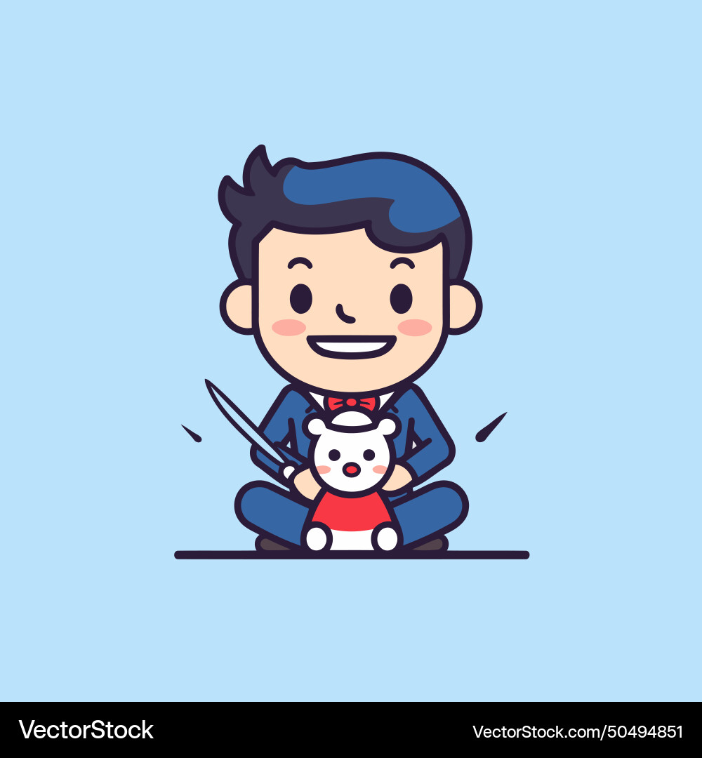 Cute boy playing with teddy bear flat cartoon Vector Image