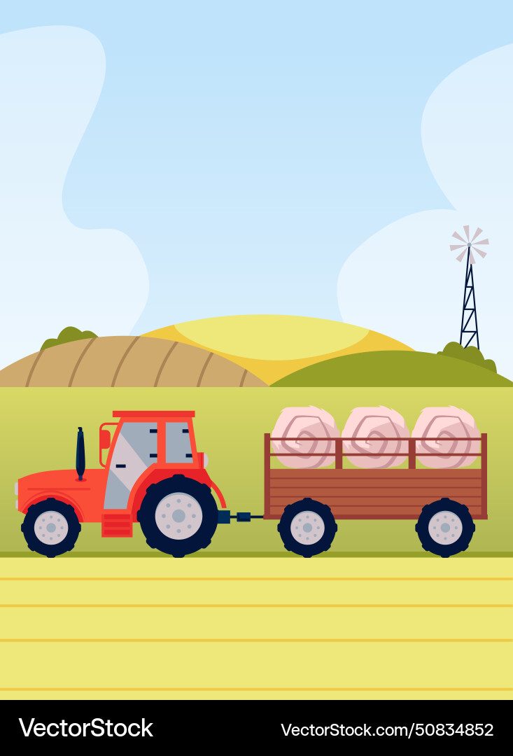 Red tractor with trailer filled hay Royalty Free Vector