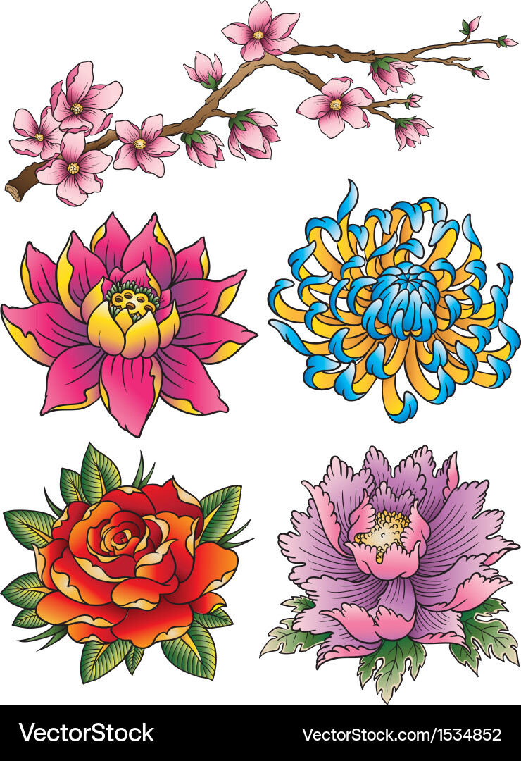 Tattoo flower set Royalty Free Vector Image - VectorStock