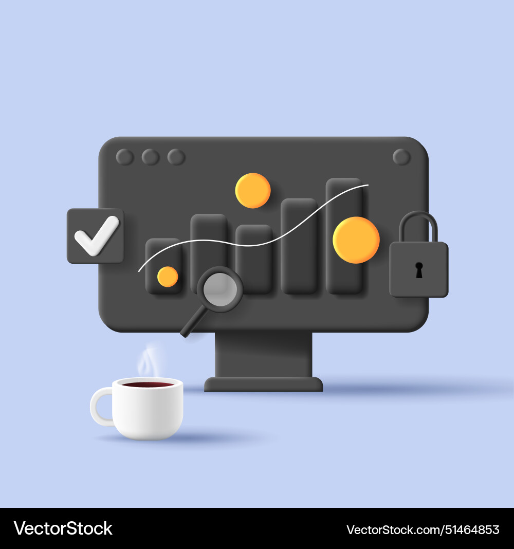 3d of a black mono chrome computer with bar chart Vector Image