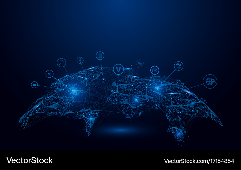 Low polygon globe map with social icons wireframe Vector Image