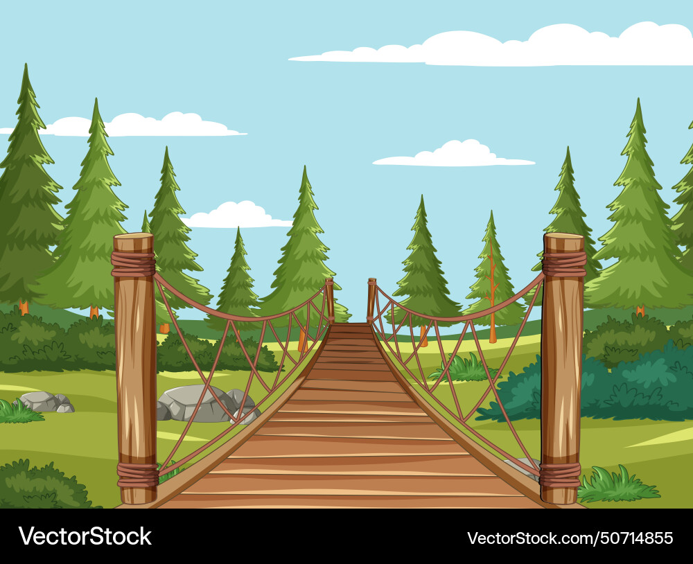 Wooden bridge leading into a tranquil forest Vector Image