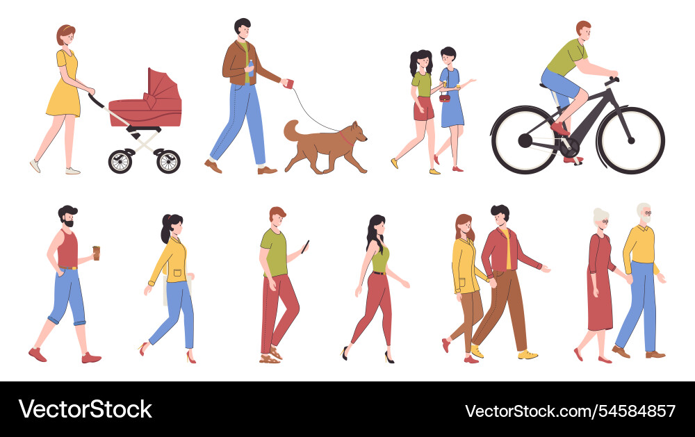 Cartoon color characters people walking set Vector Image