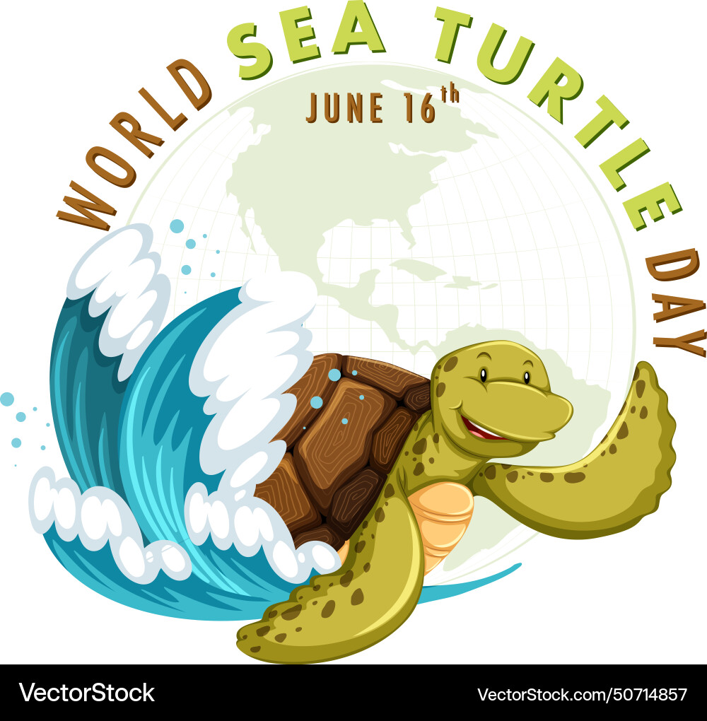 Cheerful sea turtle with globe and waves Vector Image