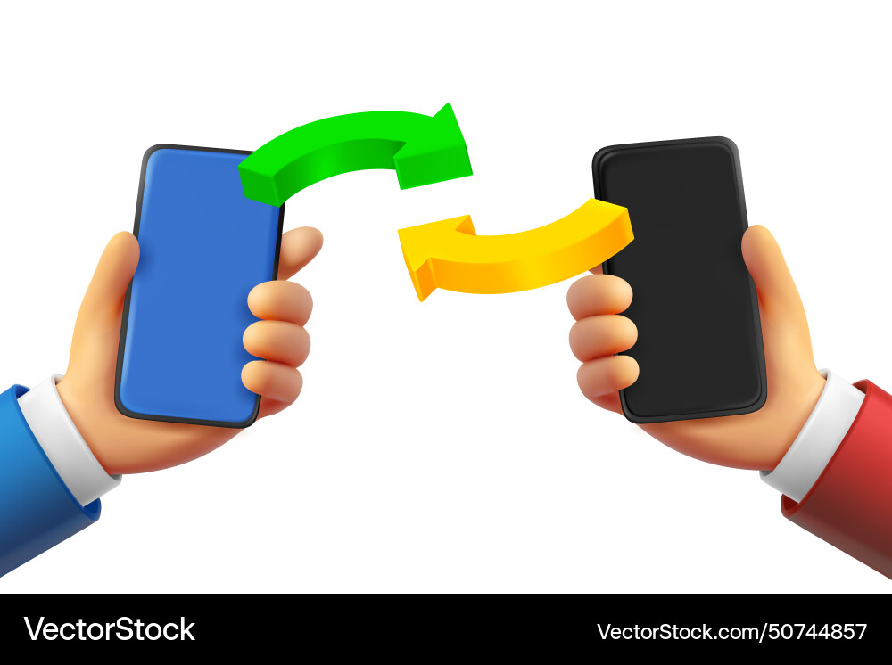 File transfer concept with two smartphones 3d Vector Image