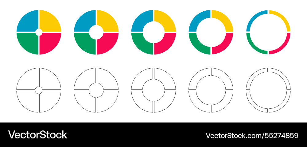 Donut charts pies segmented on 4 equal parts Vector Image